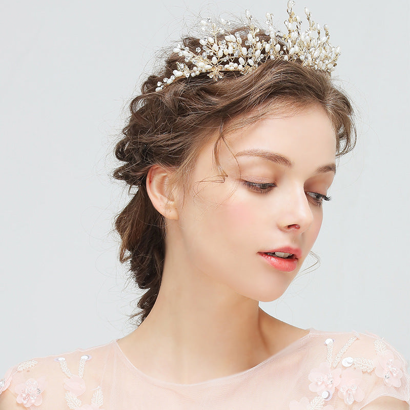 Elegant Gold Crystal and Pearl Wedding Metal Bridal Headpieces Crown